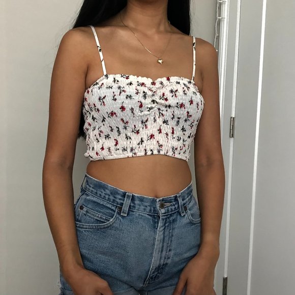Subdued | Tops | White Red Floral Smock Shirred Crop Top Tank | Poshmark